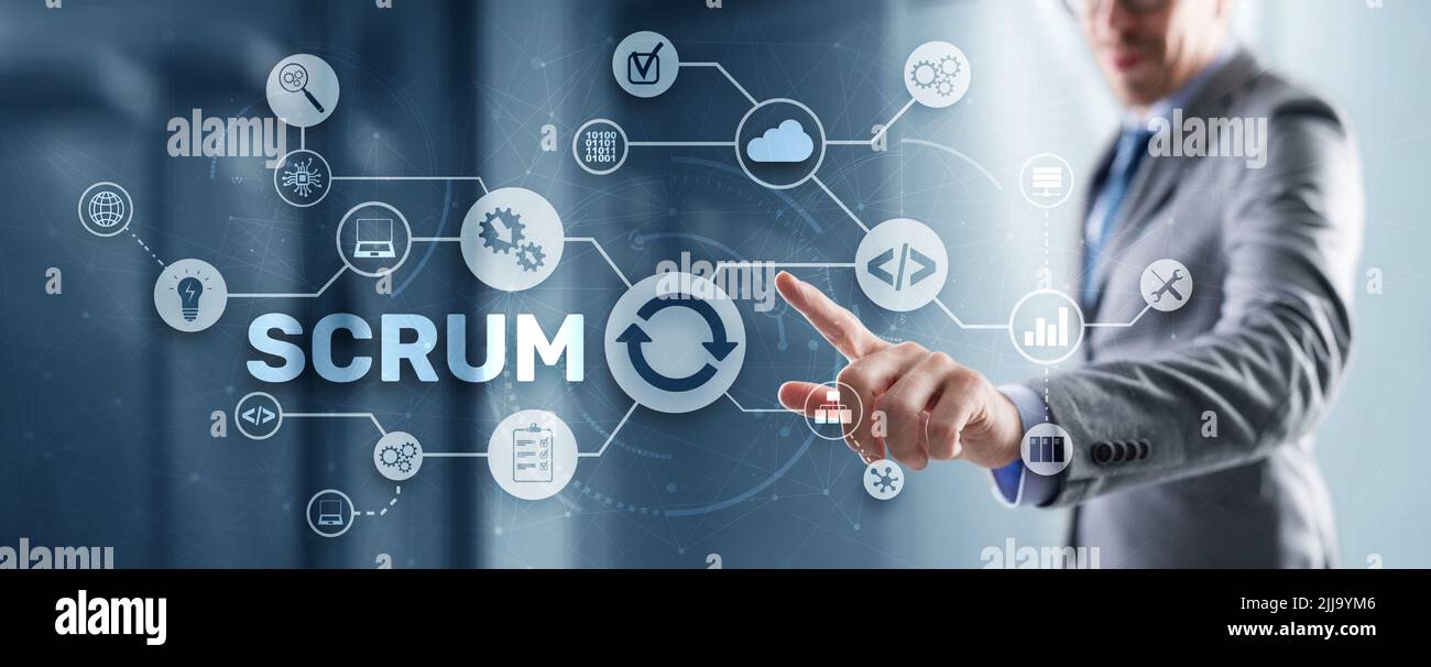 SCRUM. Hand presses the inscription scrum on a virtual panel. Agile ...