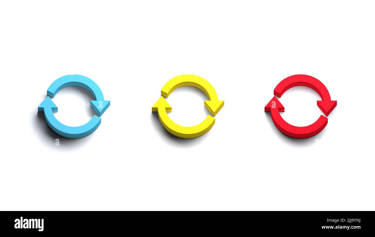 Three Rotate blue, yellow, red colors web symbol. 3D icon back to ...