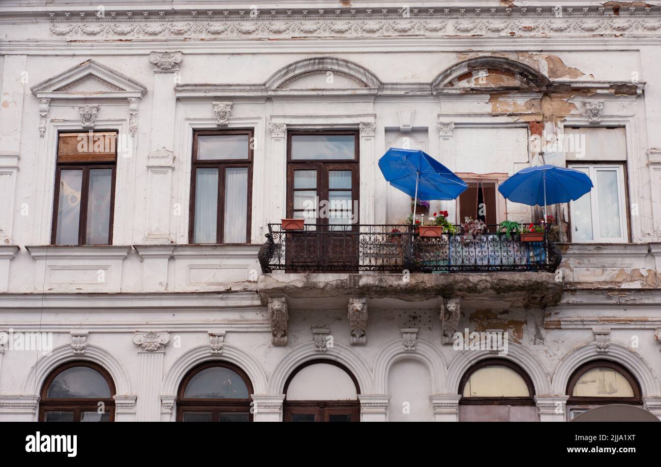 See in an historic part of the city, Bucharest, Romania, a balcony ...