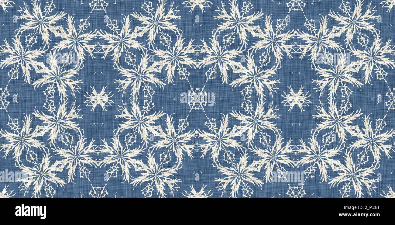 Farmhouse blue snow flake border background. Frosty batik french effect ...