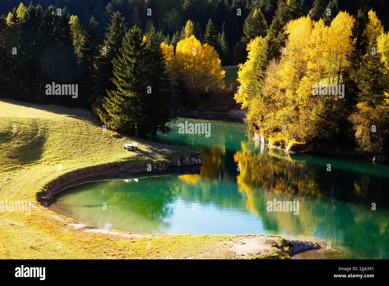 Sunny autumn view of Soraga lake in Soraga di Fassa village, Province ...