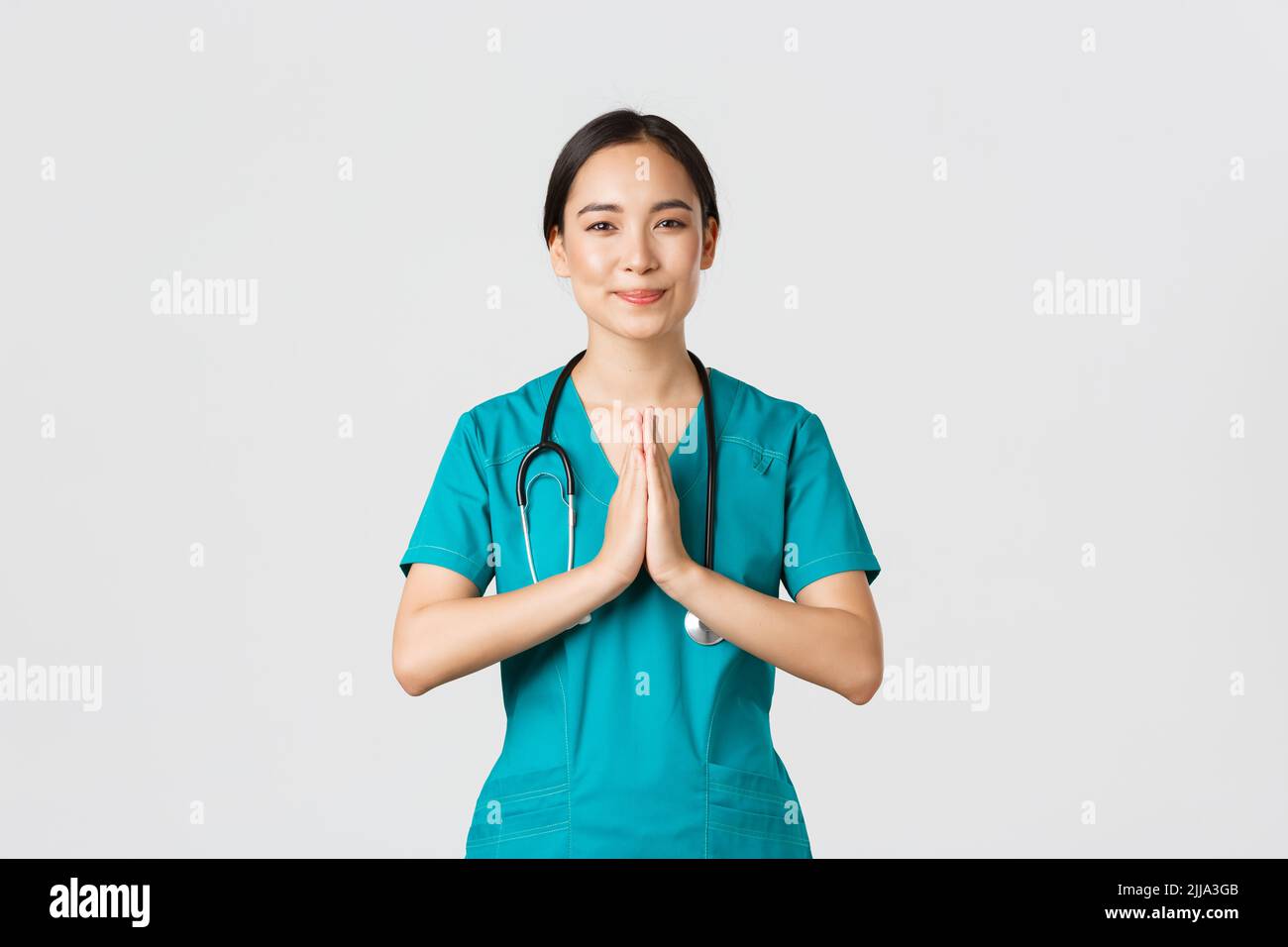 Covid-19, healthcare workers and preventing virus concept. Smiling kind ...