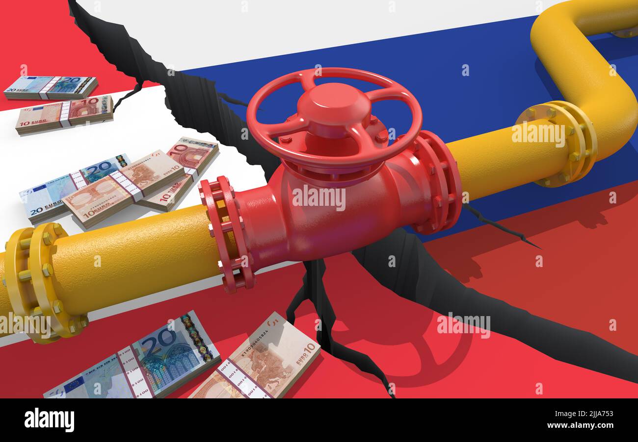 Gas or oil pipeline with valve on background of the flags of Russia and ...