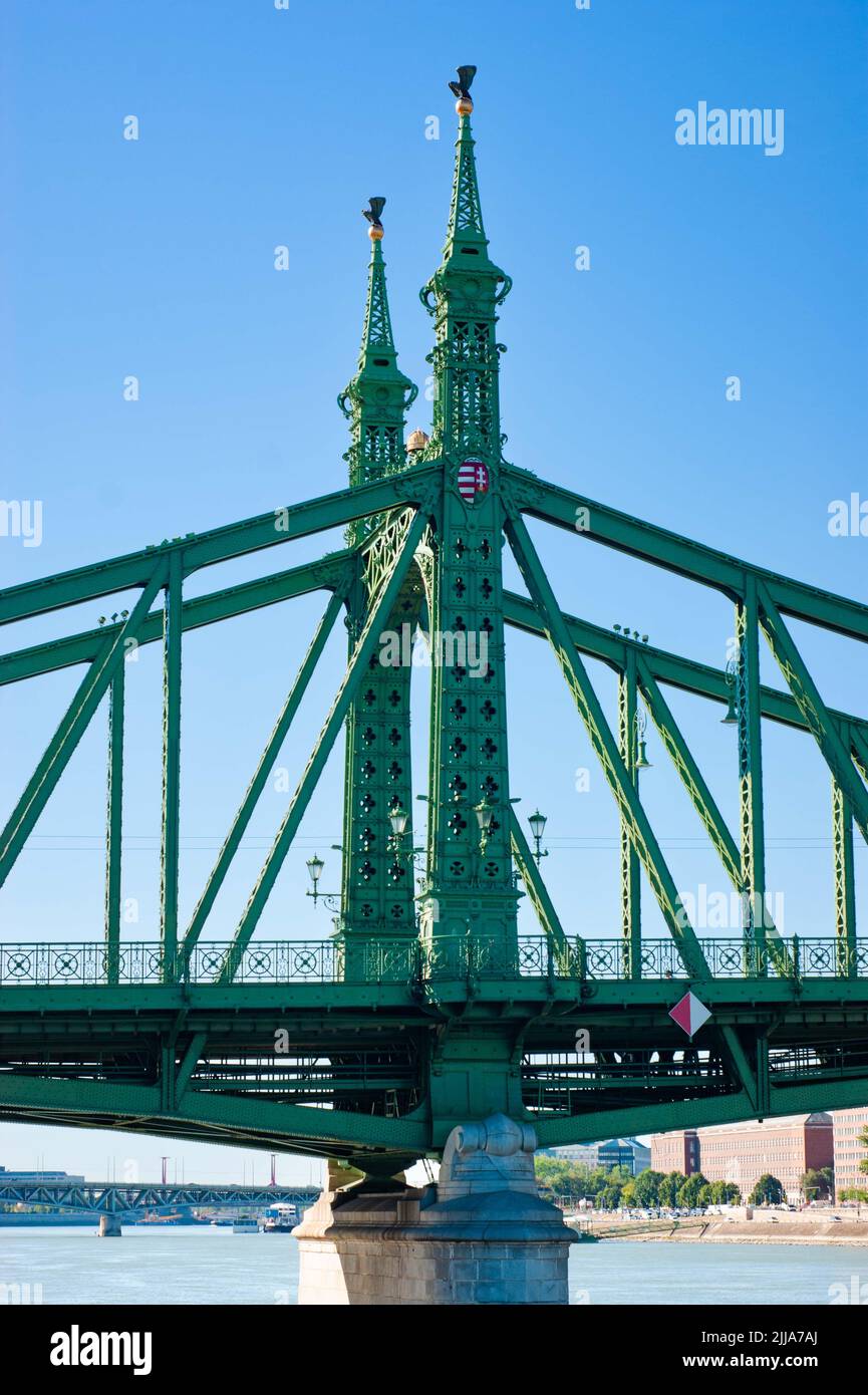 The Liberty Bridge in Budapest, Hungary, flows over the Danube River ...