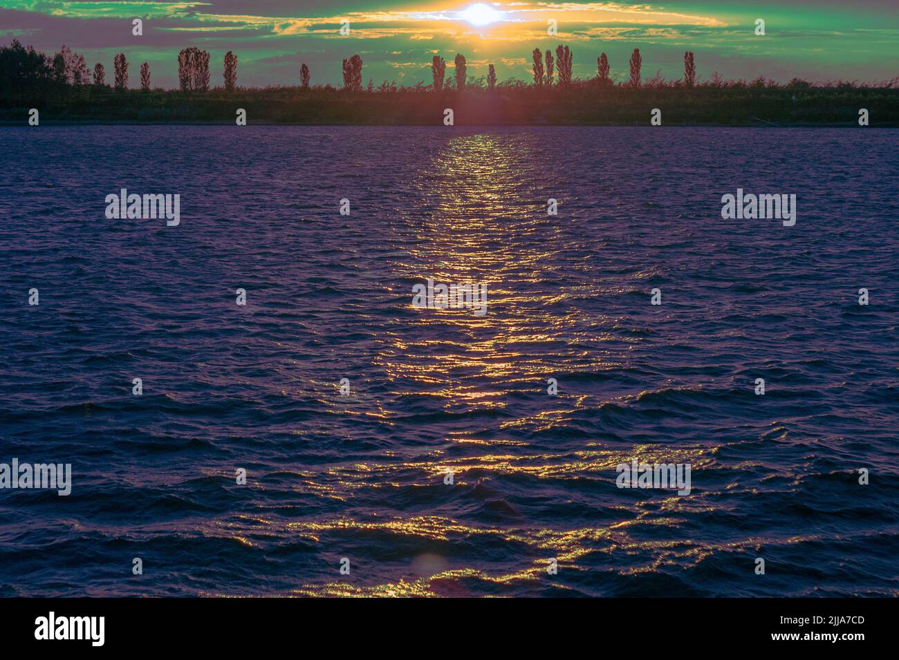 Danube sunset shows the skyline with trees near Croatia, the southern ...