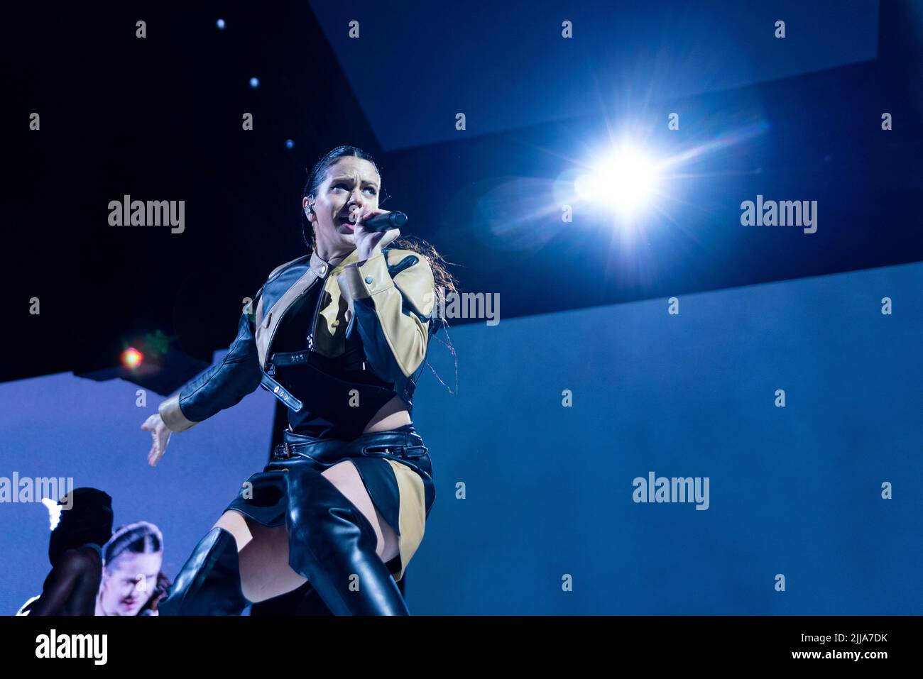 Spanish singer Rosalía is seen performing on stage during a Motomati ...