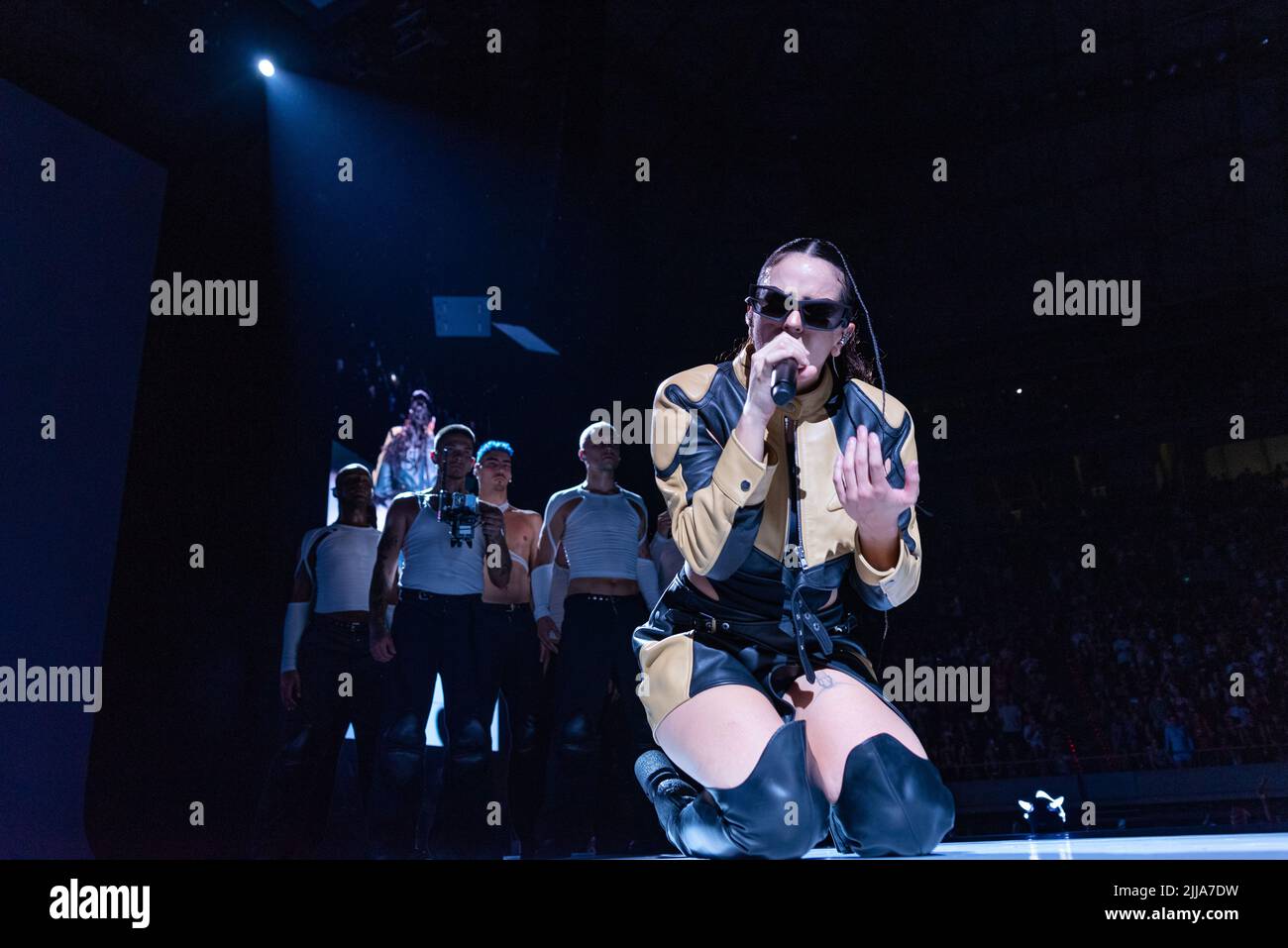 Spanish singer Rosalía is seen performing on stage during a Motomati ...