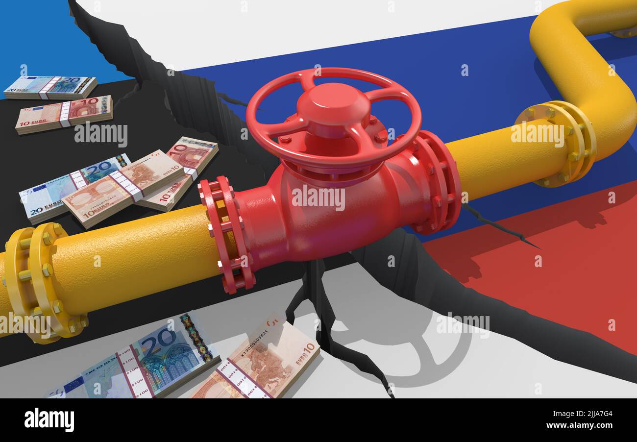 Gas or oil pipeline with valve on background of the flags of Russia and ...
