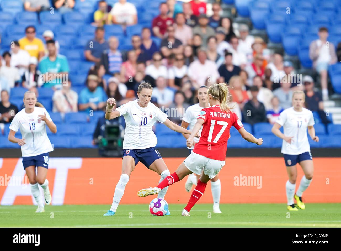 Brighton & Hove, England, July 15th 2022: Caroline Graham Hansen (10 Norway) and Sarah Puntigam ...