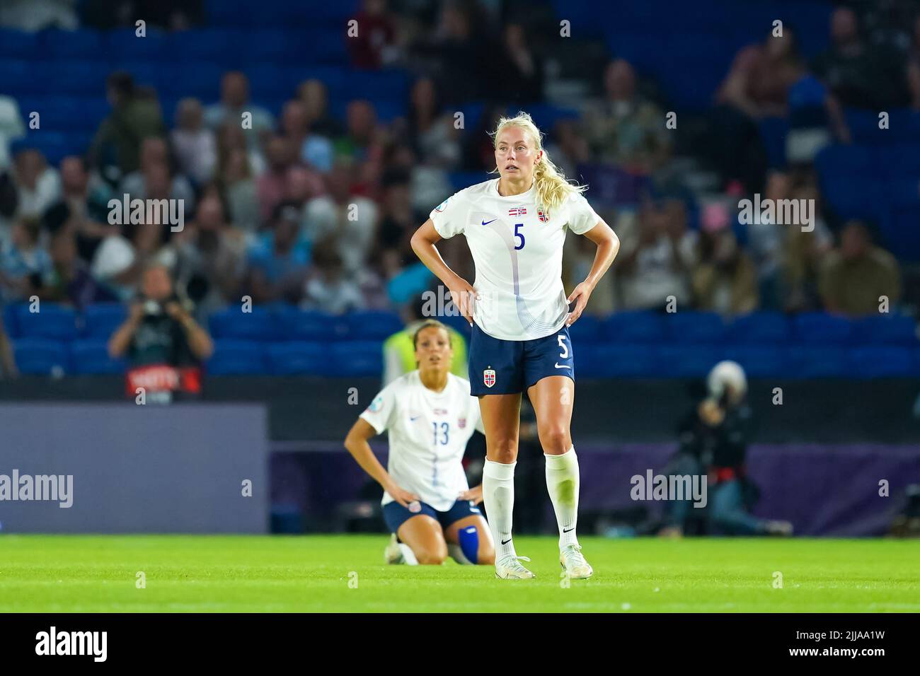 Brighton & Hove, England, July 15th 2022: Guro Bergsvand (5 Norway) and Celin Bizet Ildhusoy (13 ...