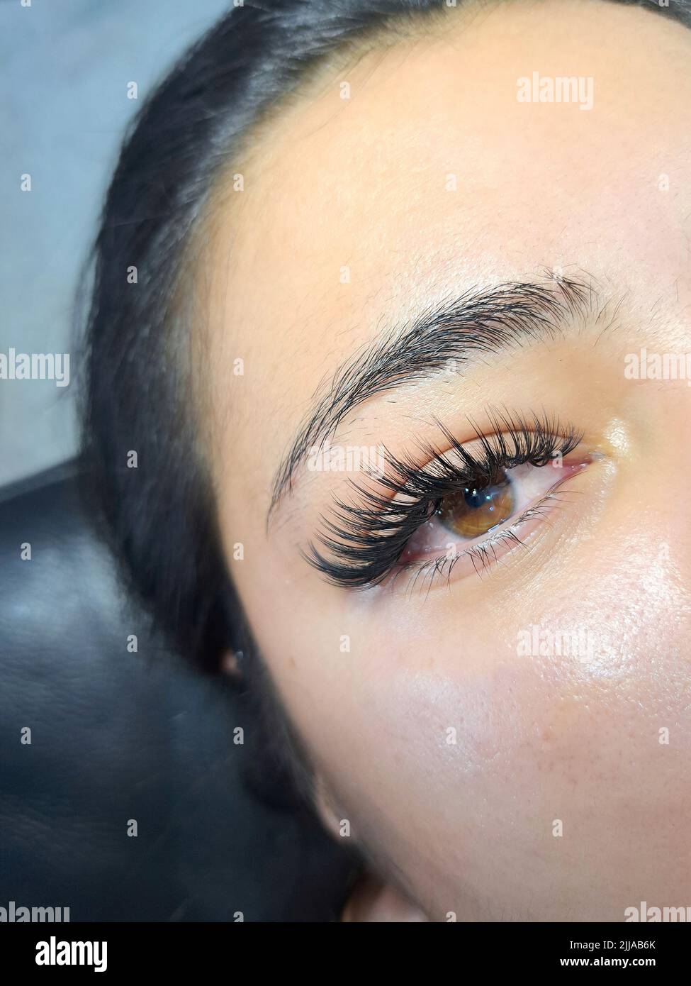 Lash extensions in beauty salon macro eye top view . High quality photo ...