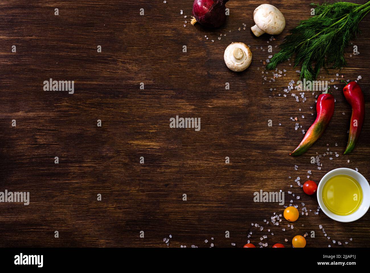 Wooden dark background culinary theme copy space with champignon ... Wooden dark background culinary theme copy space with champignon ...