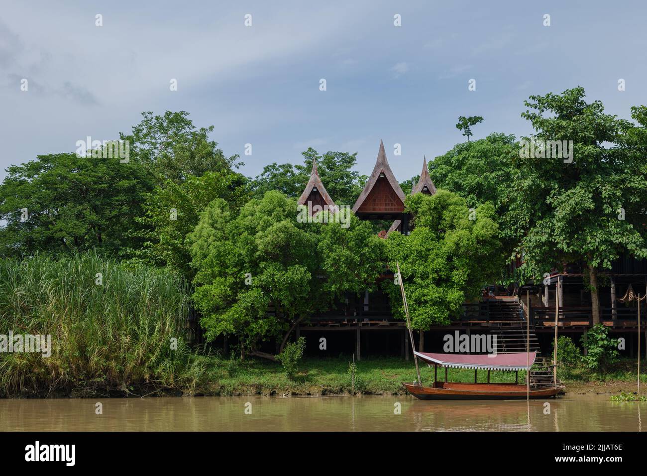 Outdoor sunny view from a river of tropical riverside, long tail boat ...