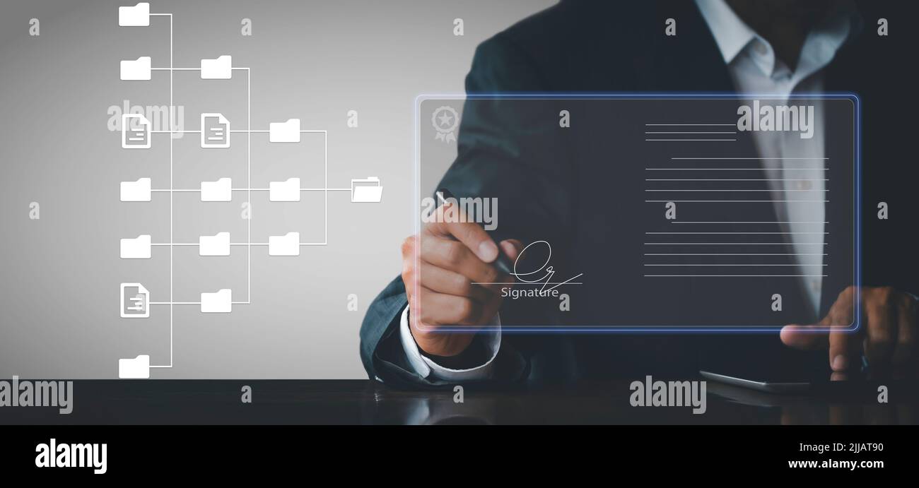 businessman use electronic pen sign signature on electronic E-signing ...