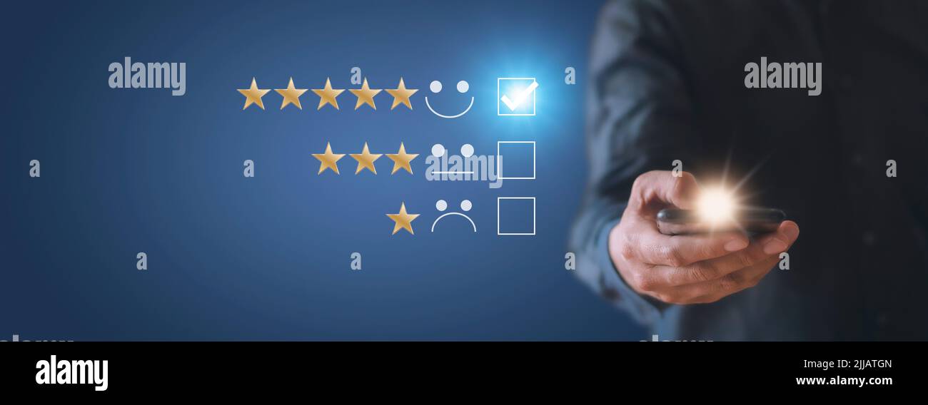 Businessman touching the virtual screen check mark joyful Smile face ...