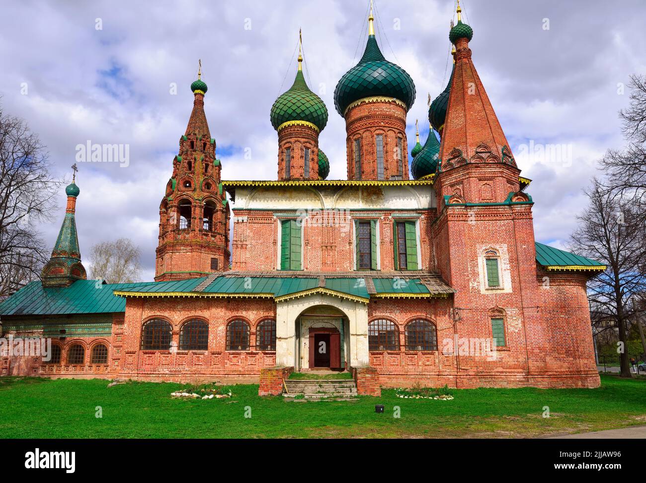 The Church of John the Baptist. Brick church with colored tiles, a ...