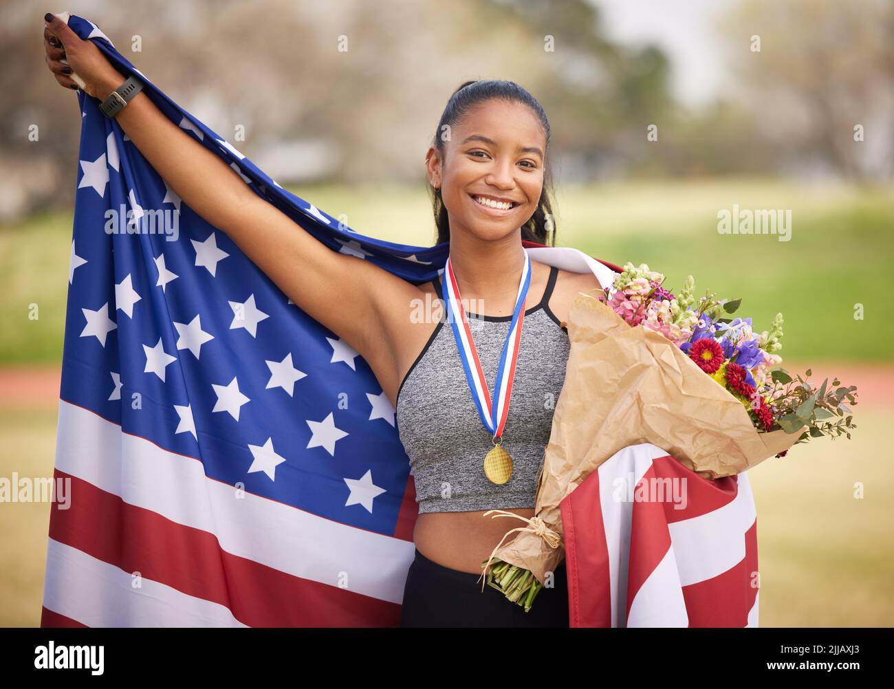 The winners circle. Cropped portrait of an attractive young female ...