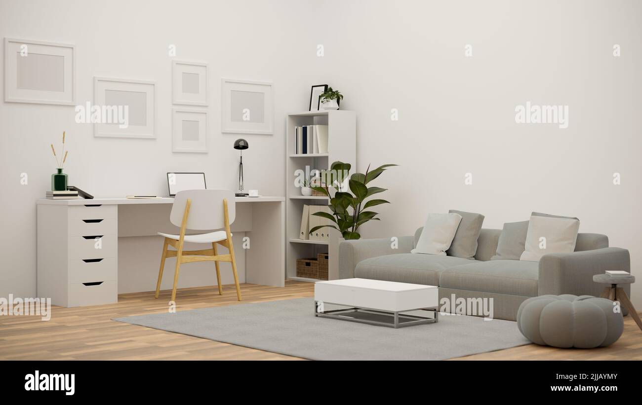 Modern minimal apartment living room with working space interior design ...