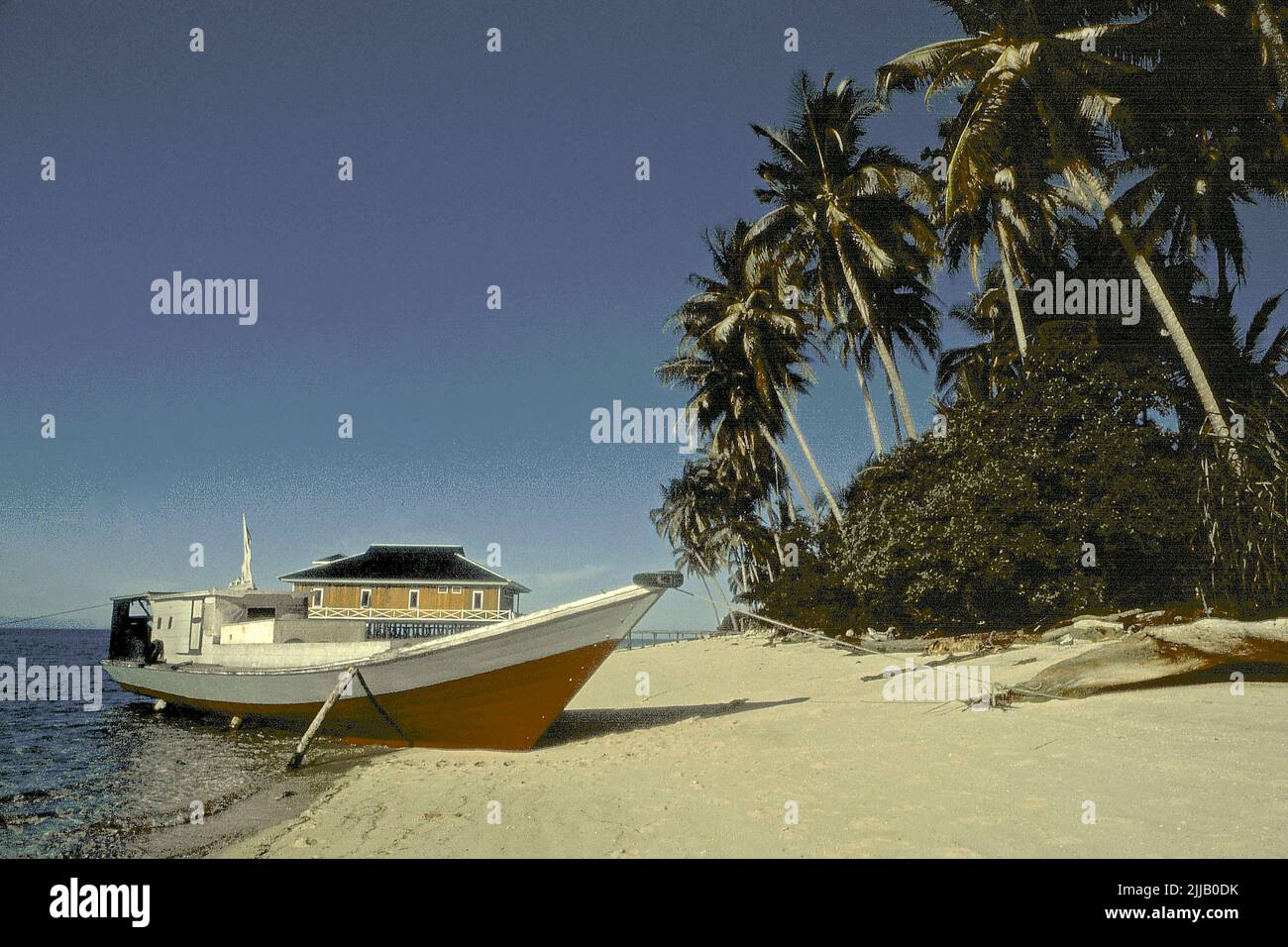 A boat in a background of a beach cottage in Derawan Island, a part of ...