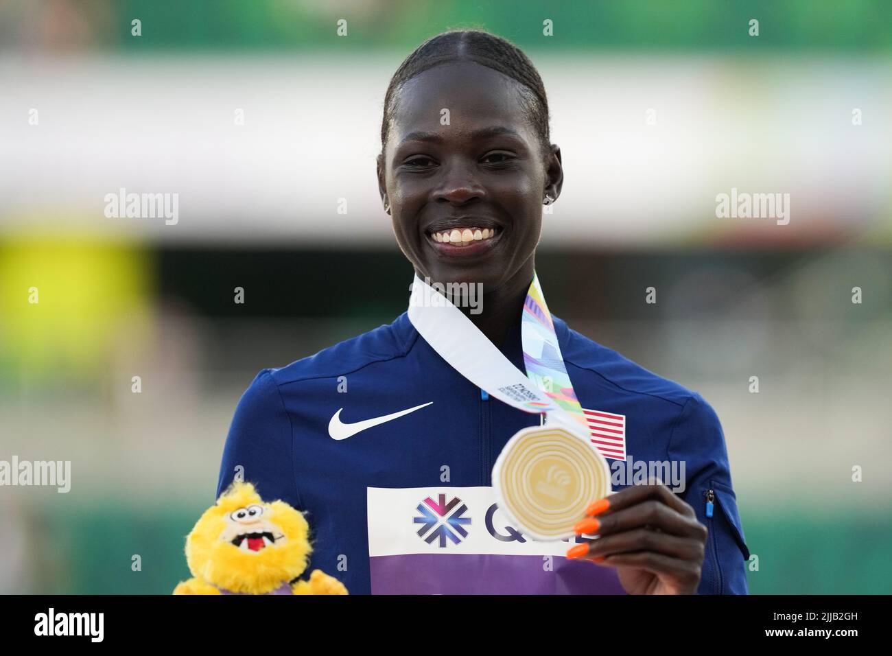 USA’s Athing Mu celebrates with her Gold Medal following the Women’s ...