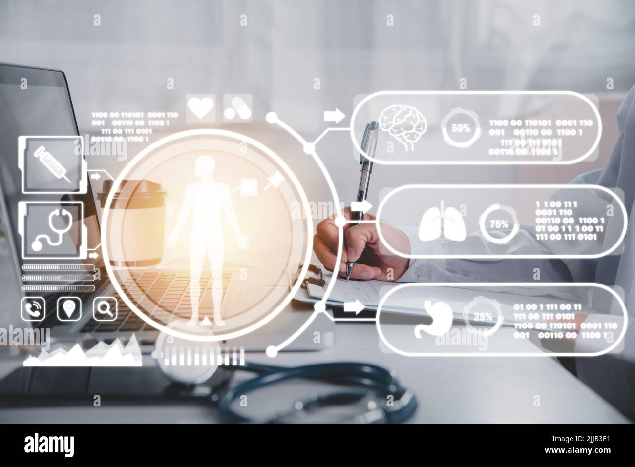 Doctor or nurse in uniform with stethoscope writing something ...