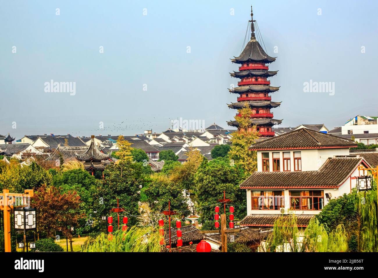 Ancient Chinese Ruigang Pagoda Red Lanterns Suzhou Style Buildings ...