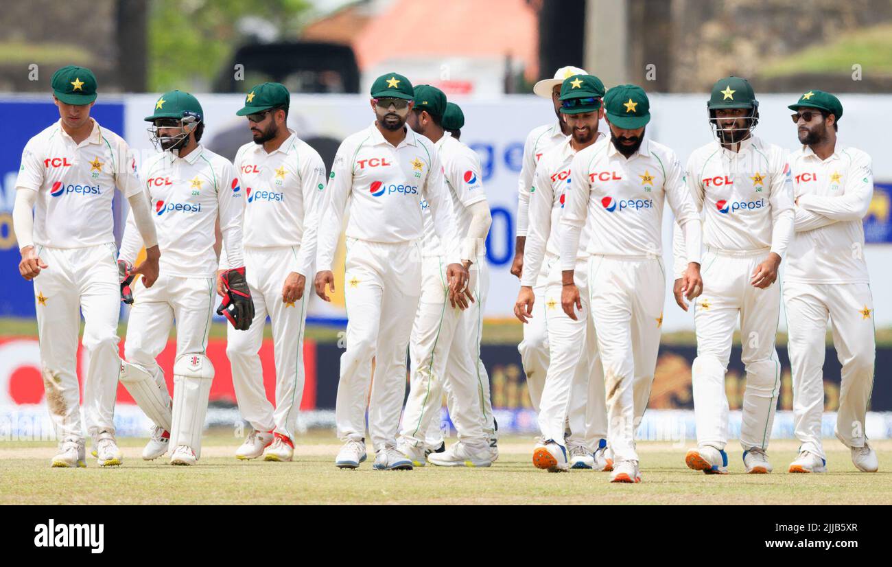 Galle, Sri Lanka. 25th July, 2022. Pakistan's players walk back to the ...