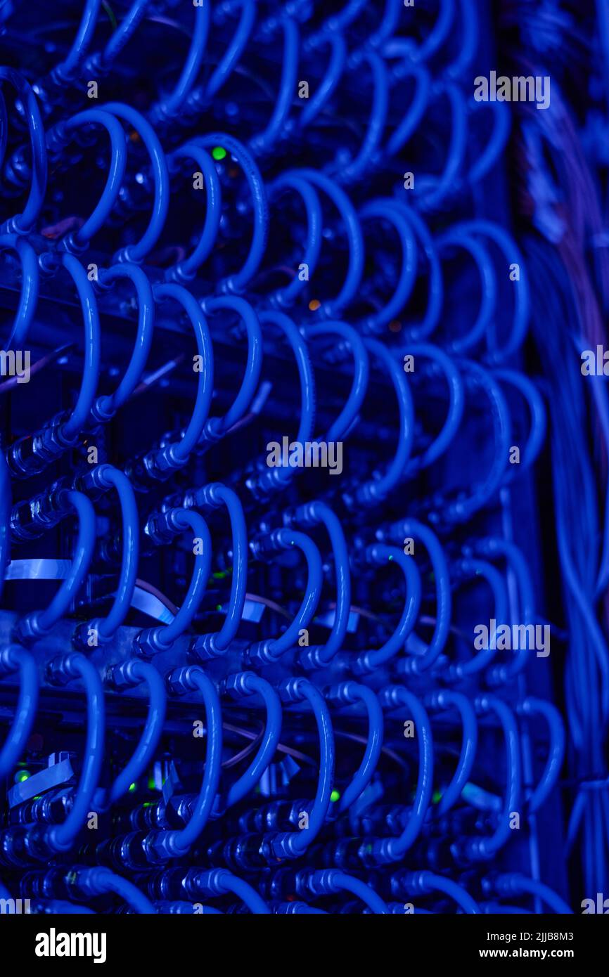 Close-up view on a patch panel with network cables in data center Stock ...