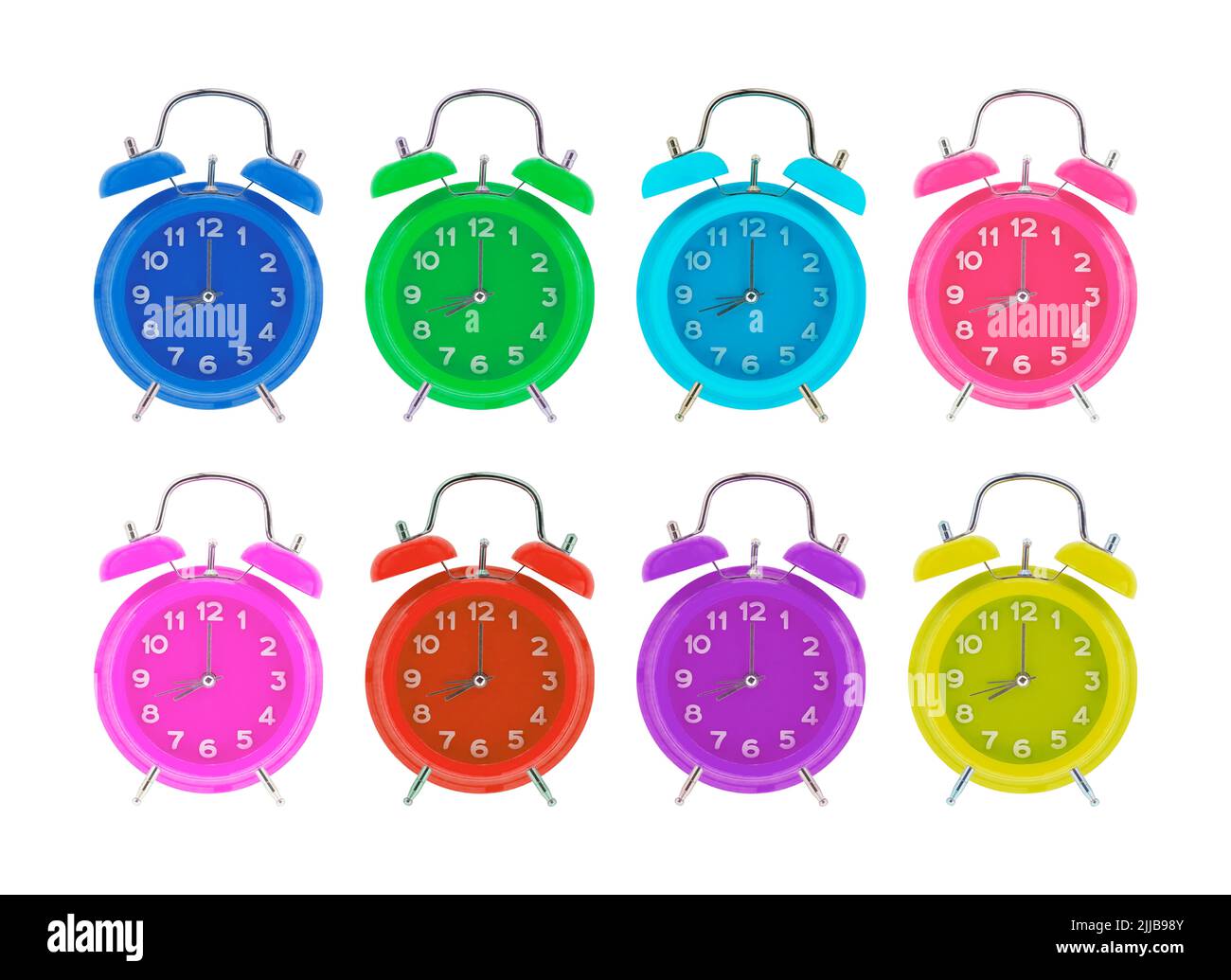 Colorful of alarm clocks showing 8 o clock. Isolated on white Stock ...