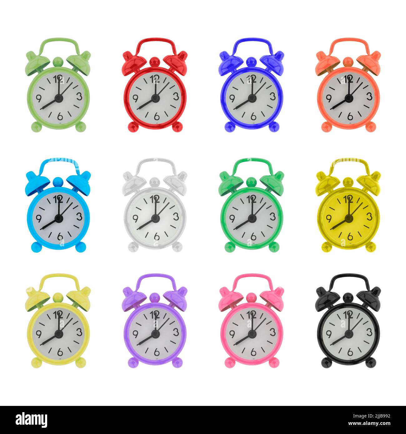 Colorful of alarm clocks showing 8 o clock. Isolated on white Stock ...