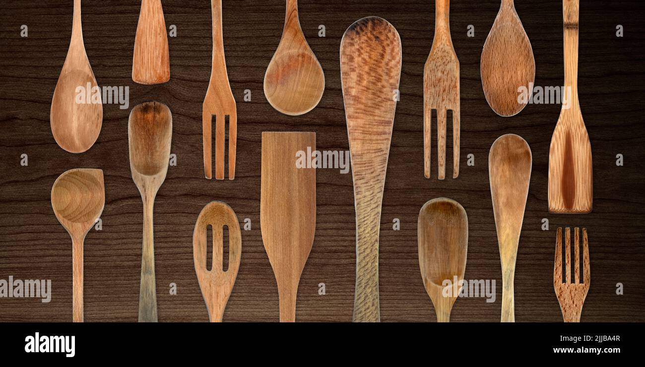 Topview of Set Cooking Wooden Utensils on Table Background Stock Photo ...