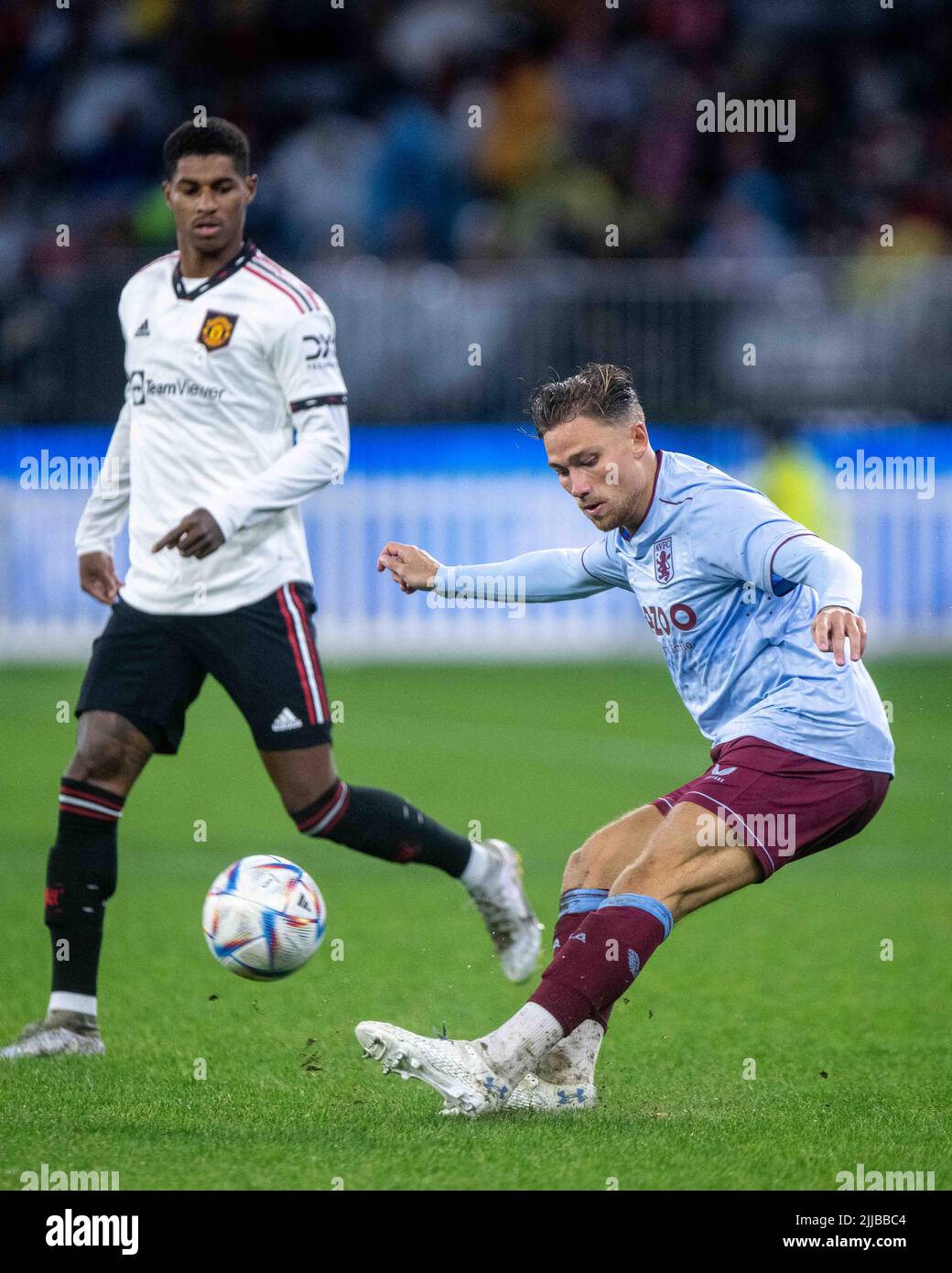PERTH, AUSTRALIA - JULY 23: Matty Cash of AVFC and Marcus Rashford of ...