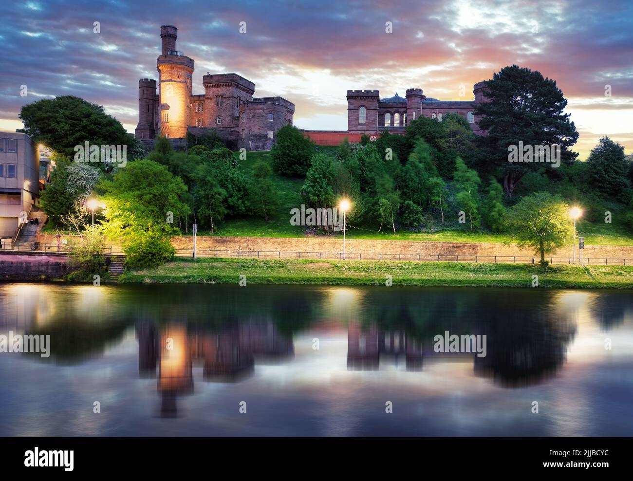 Scotland - Inverness skyline with castle reflection in Ness river at ...