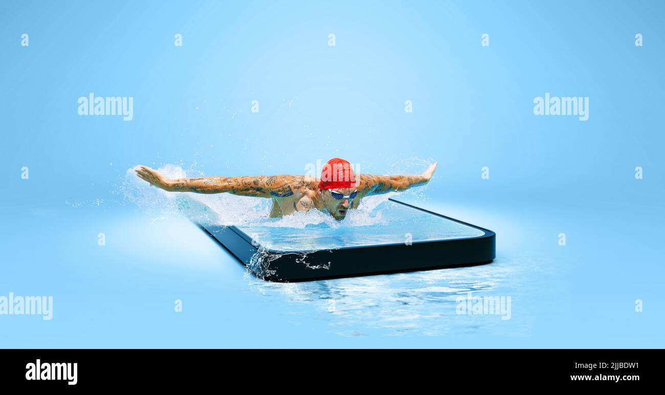 Creative collage with strong swimmer in goggles swimming by butterfly ...