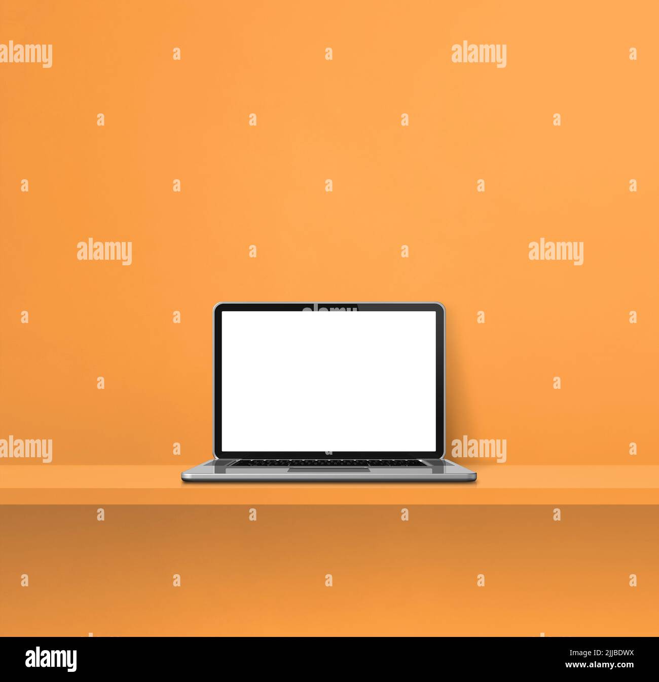 Laptop computer on orange shelf. Square background. 3D Illustration ...