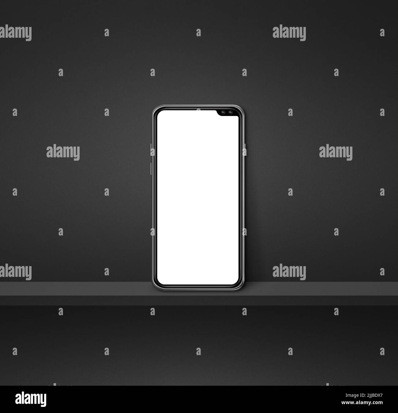 Mobile phone on black wall shelf. Square background. 3D Illustration ...