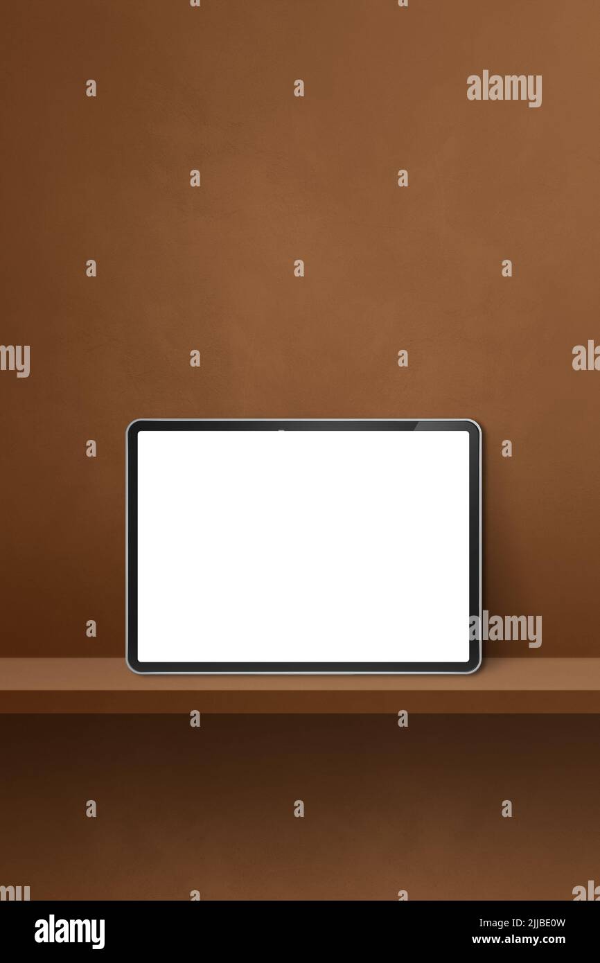 Digital tablet pc on brown wall shelf. Vertical background banner. 3D ...