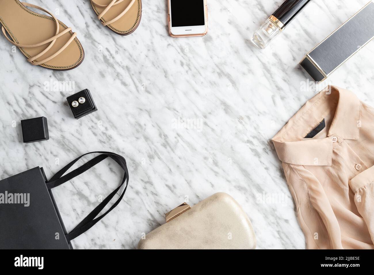 Fashion and beauty blog concept. Woman clothes and accessories: beige ...