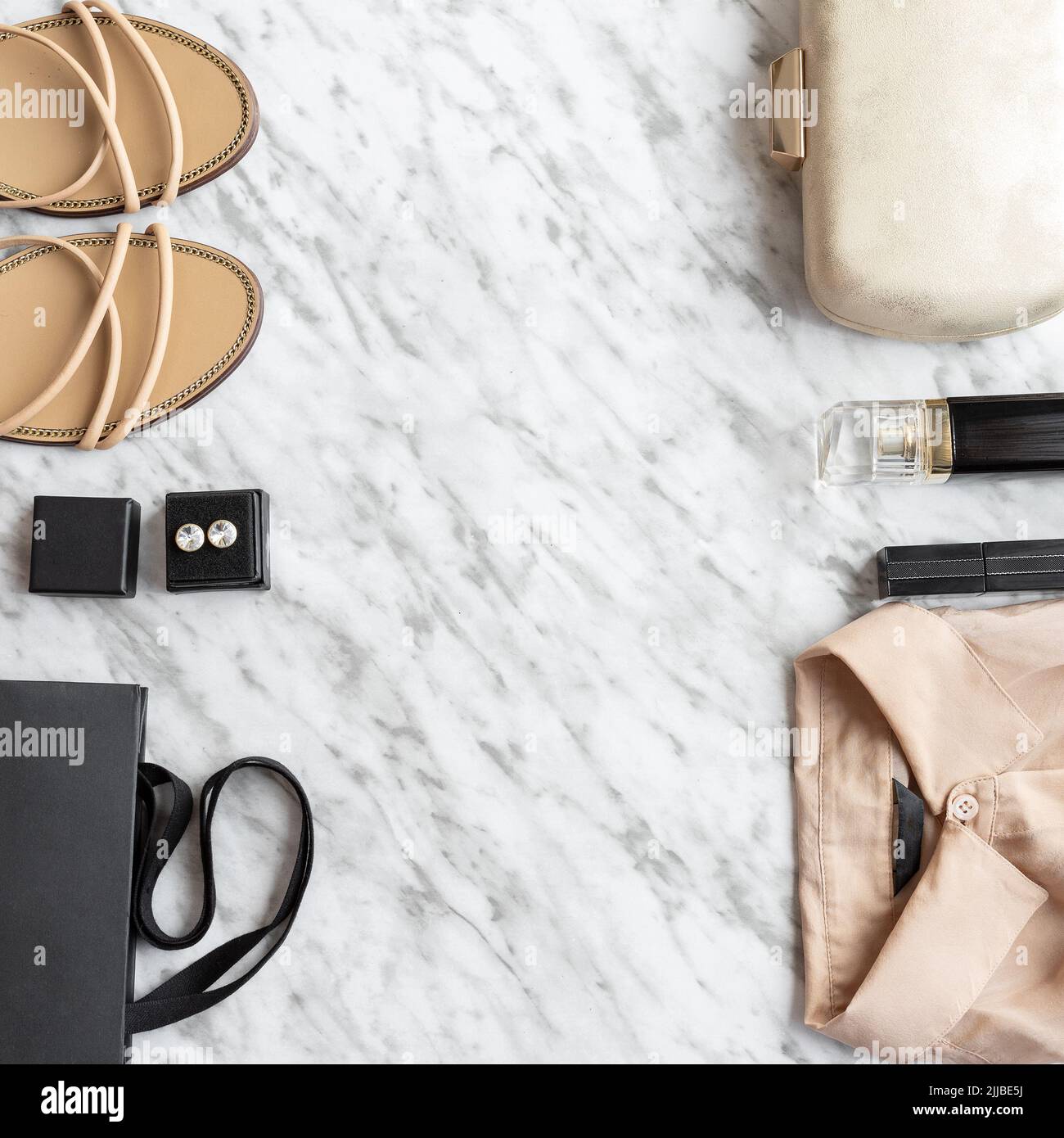 Fashion and beauty blog concept. Woman clothes and accessories: beige ...