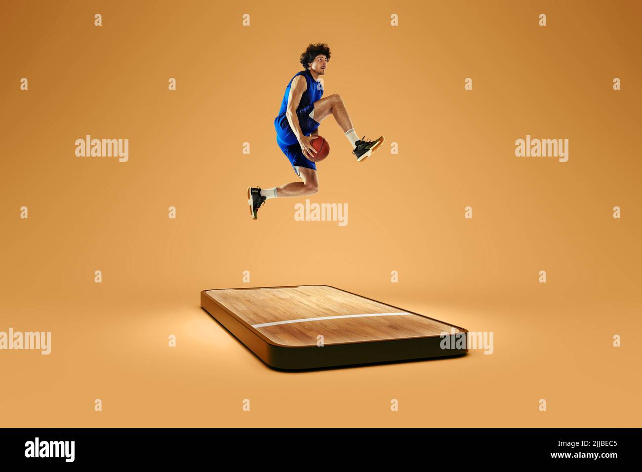 Professional basketball player playing basketball on 3d device screen ...