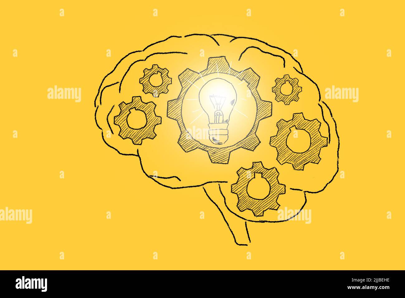 Gears with lightbulb inside the human brain. Illustration on yellow. Concept of idea Stock Photo ...