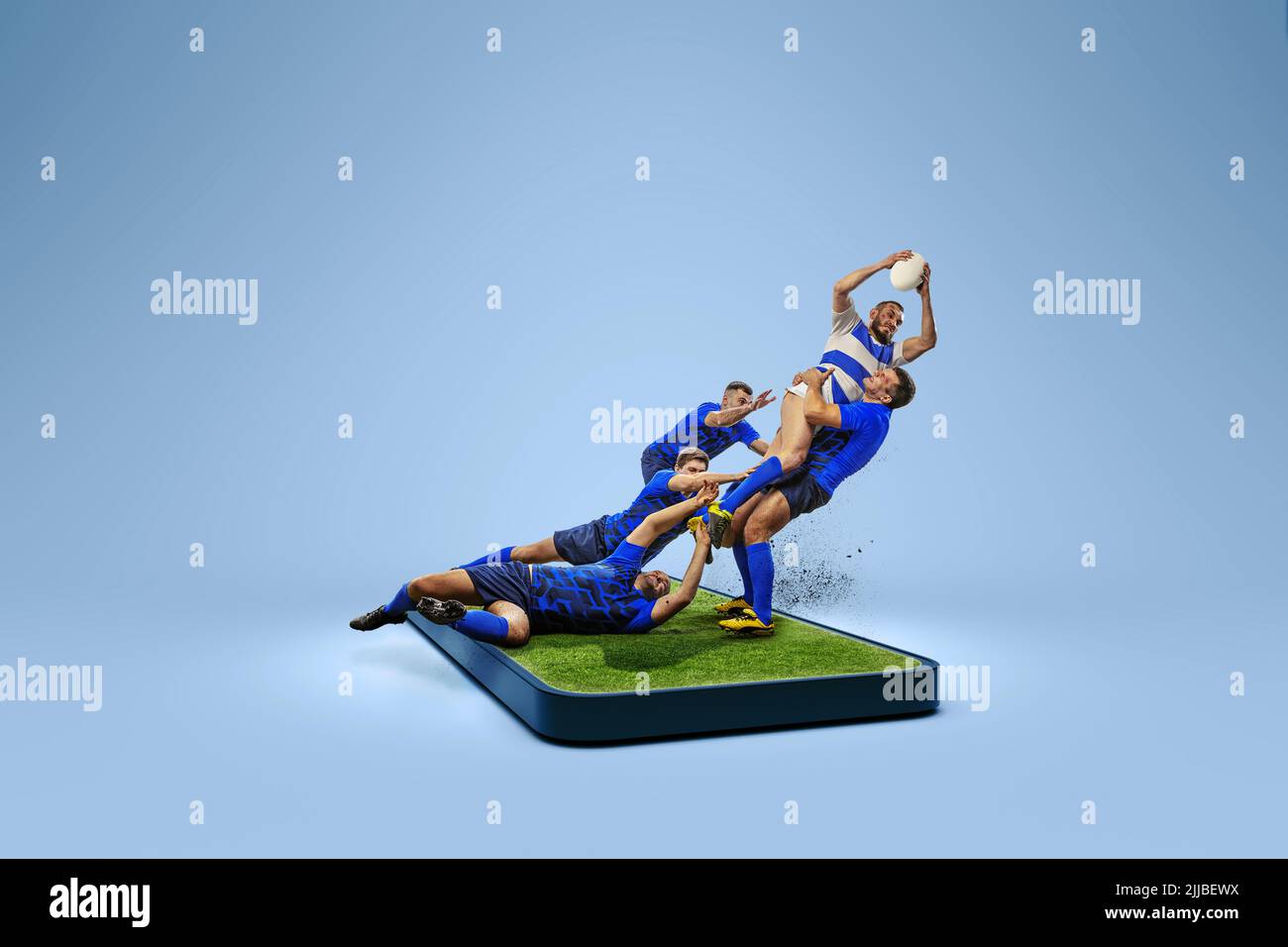 Collage with rugby players team in action on 3d gadget screen over blue ...
