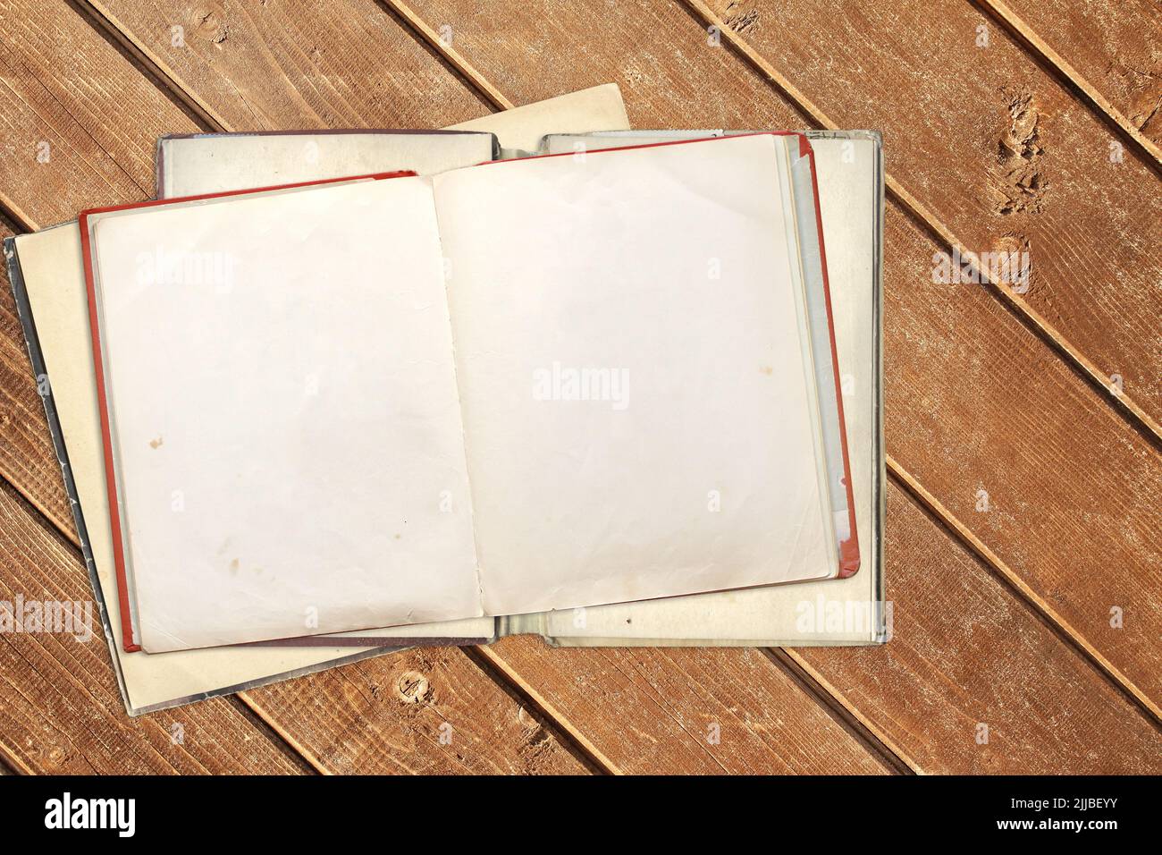 Old open books with empty pages on wooden boards. Opened vintage book ...