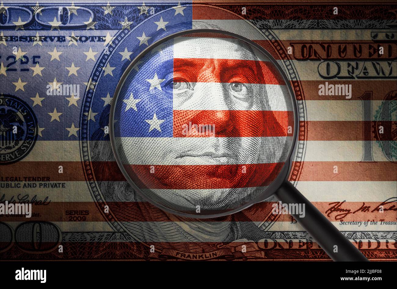 Economic and finance. A dollar bill in close-up and an American flag ...
