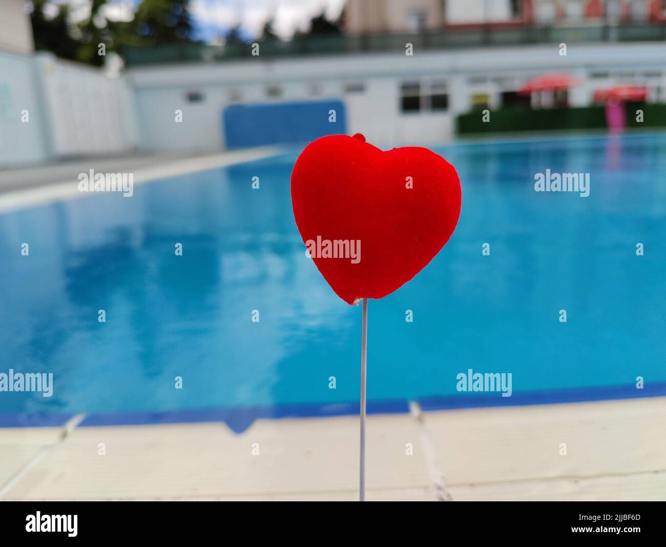 Picture of wet red heart by the pool. Valentine's Day love heart nature ...