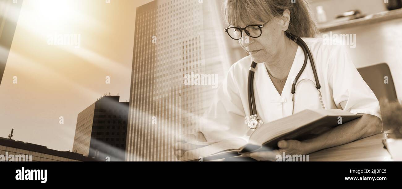 Female doctor reading a textbook in medical office; multiple exposure ...
