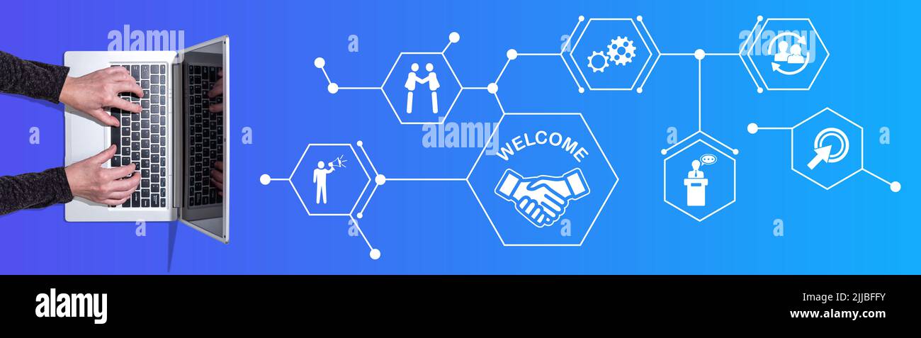 Top view of hands using laptop with symbol of introduction concept ...