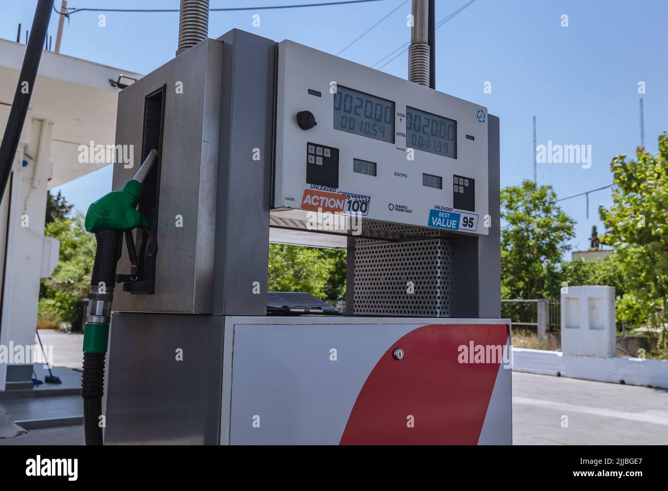Gas pump on a gas station in Corfu town on a Greek island of Corfu ...
