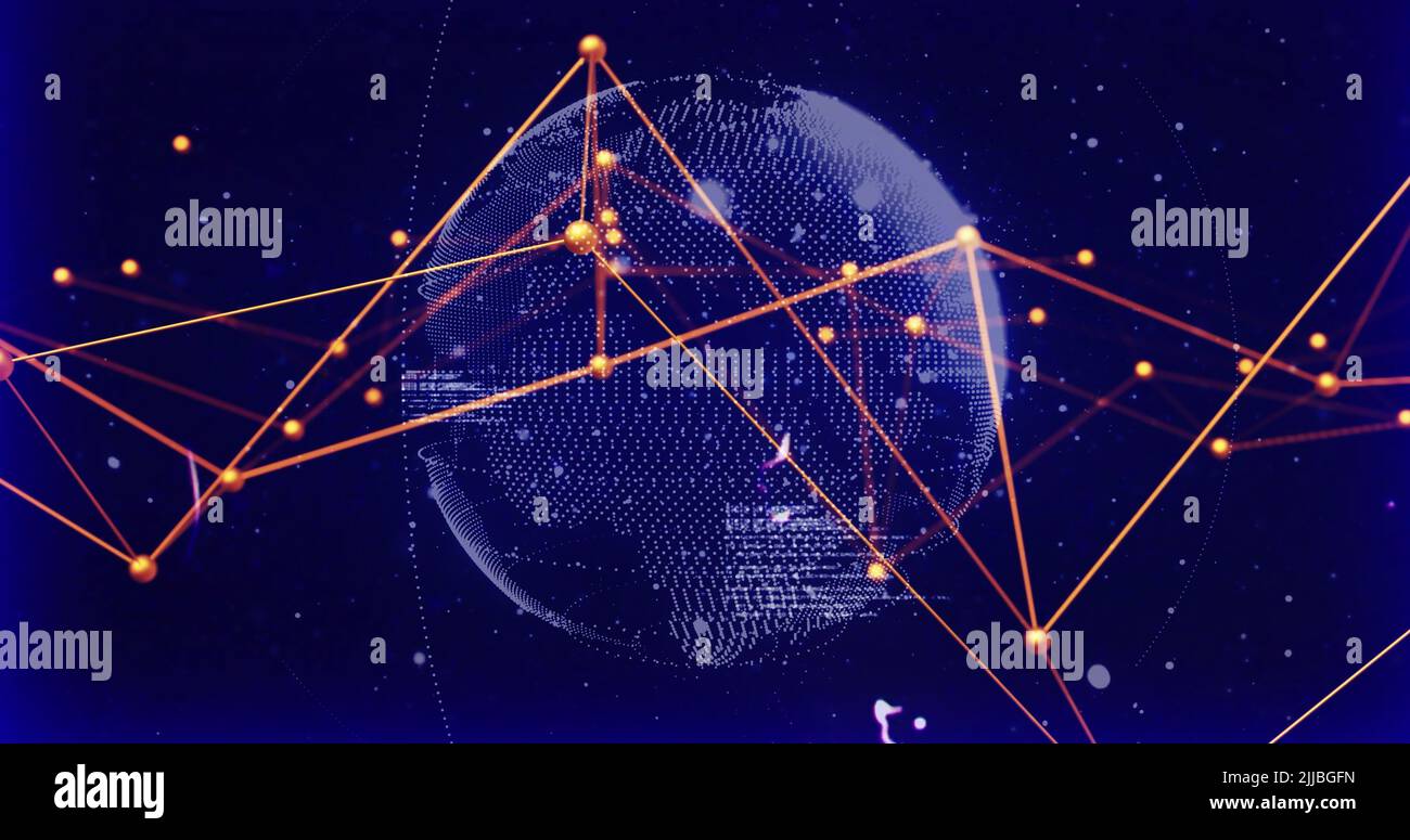 Image of network of connections and data processing over spinning globe ...