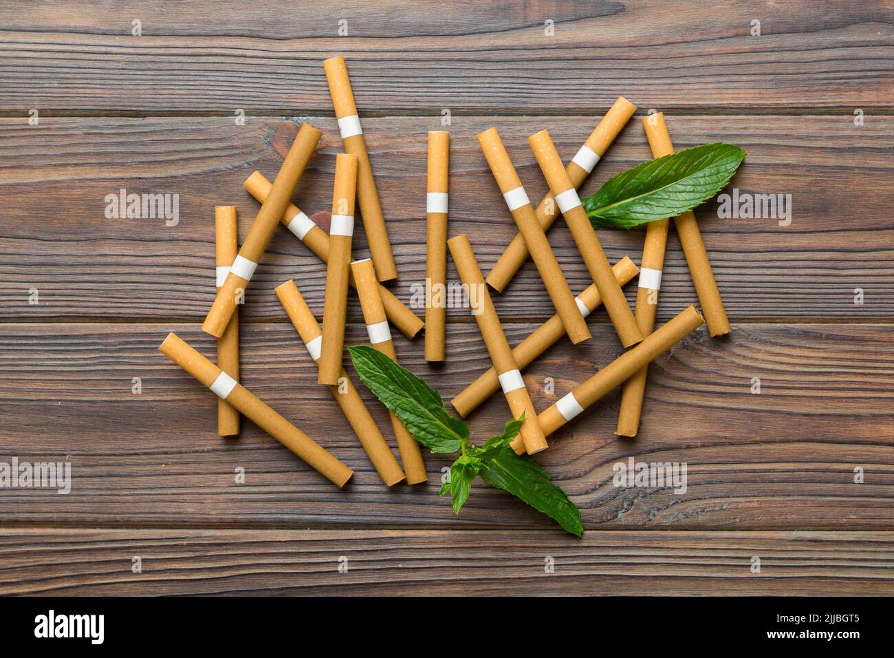 Menthol cigarettes and fresh mint leaves on colored background, Many ...